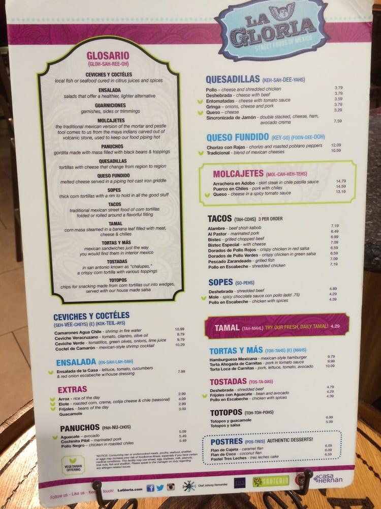 Menu at La Gloria restaurant, San Antonio, Airport Blvd