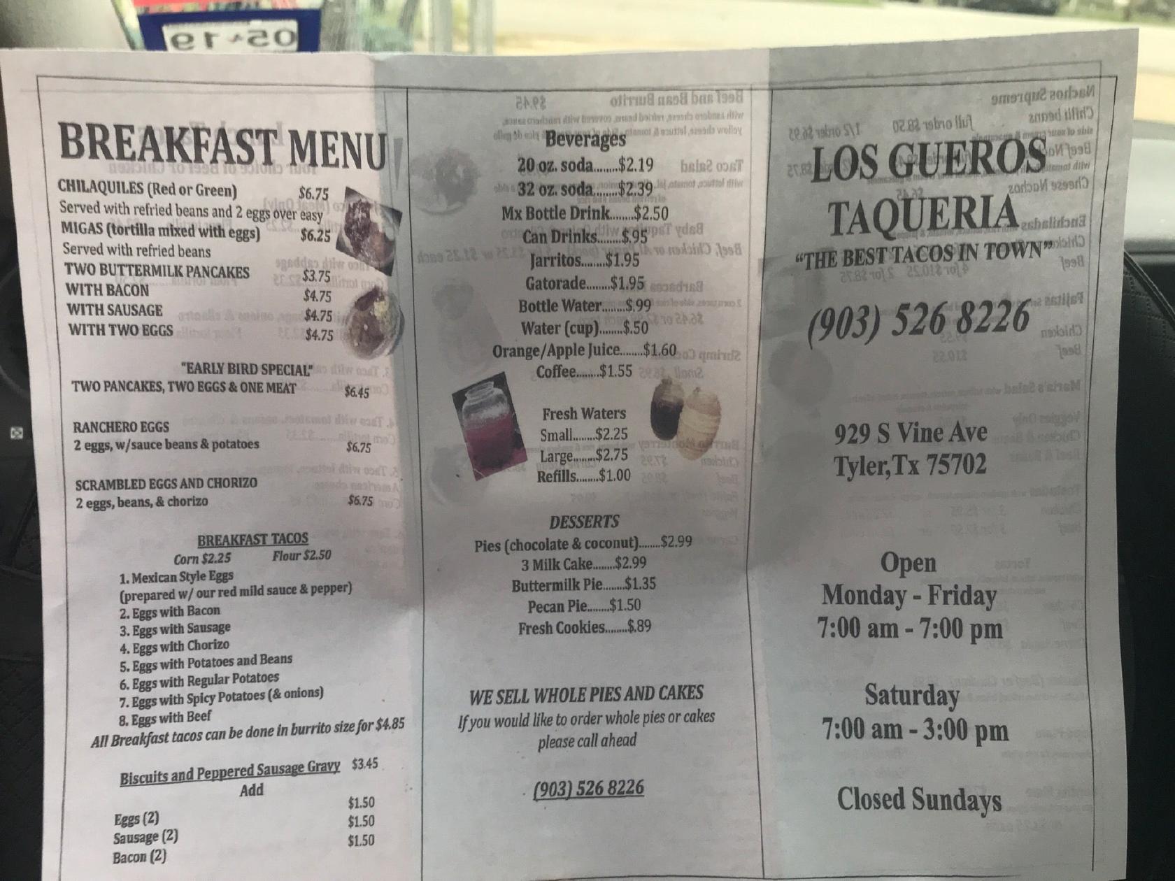 Menu at Los Gueros Taqueria restaurant, Tyler