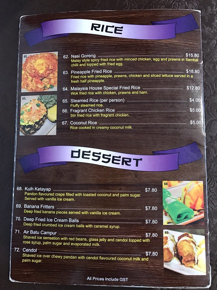 Menu at Malaysia House restaurant, Rockhampton City