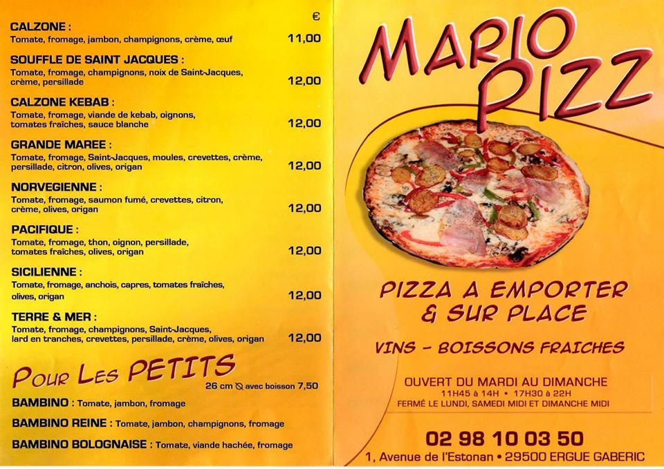 Carta del restaurante Mario Pizz', Ergué-Gabéric