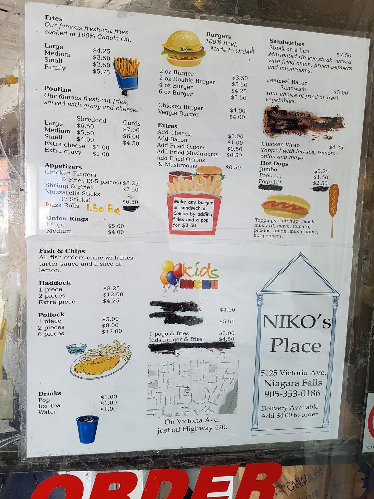 Menu at Niko's Place restaurant, Niagara Falls