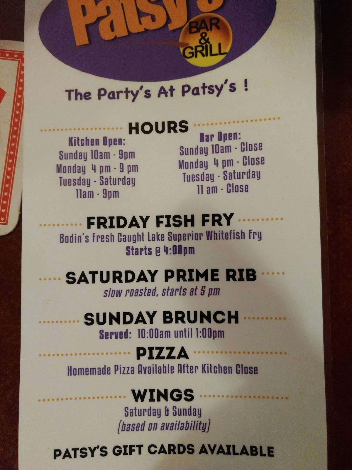 Menu at Patsy’s Bar & Grill, Washburn