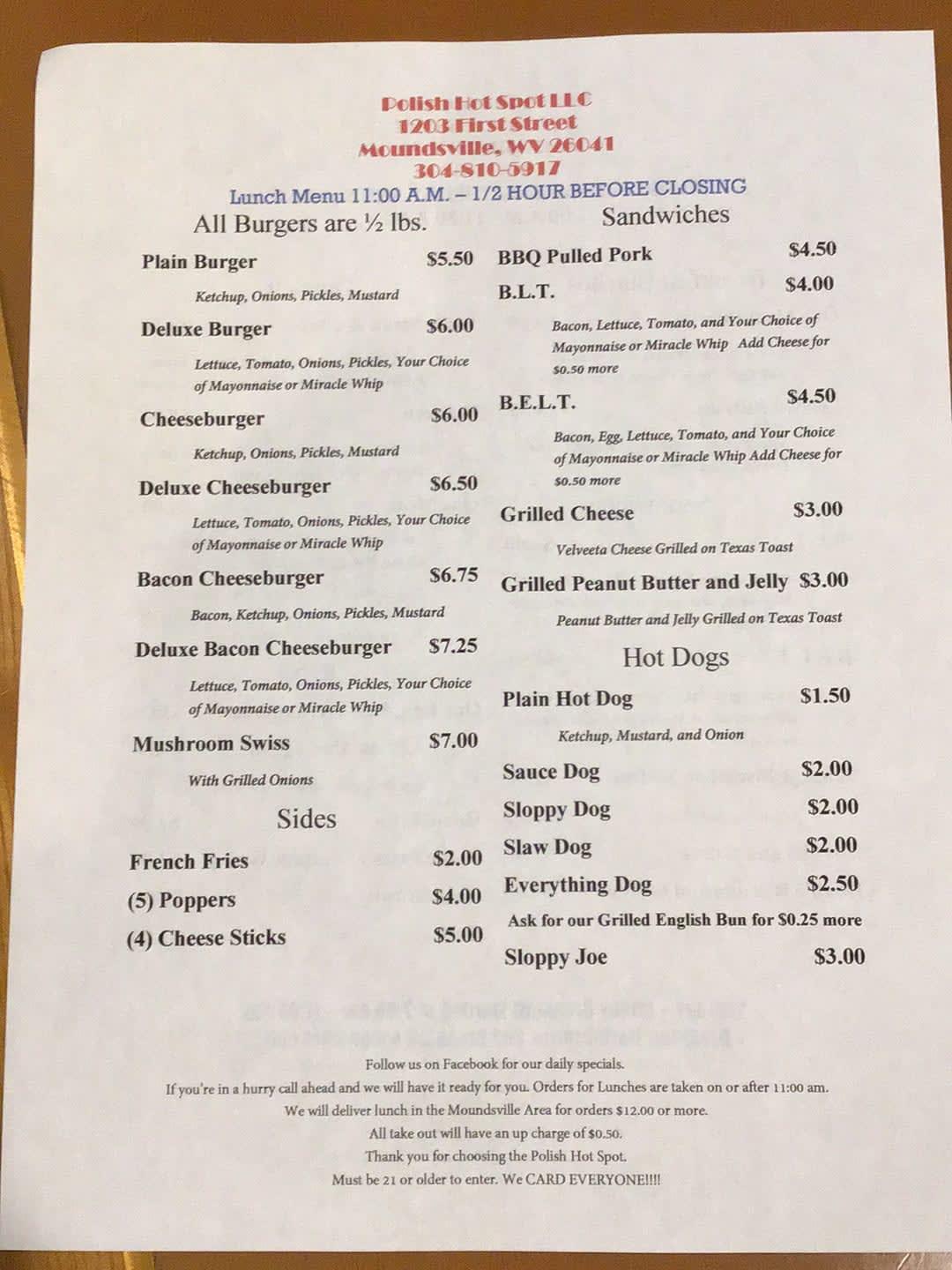 Menu at Polish Hot Spot restaurant, Moundsville
