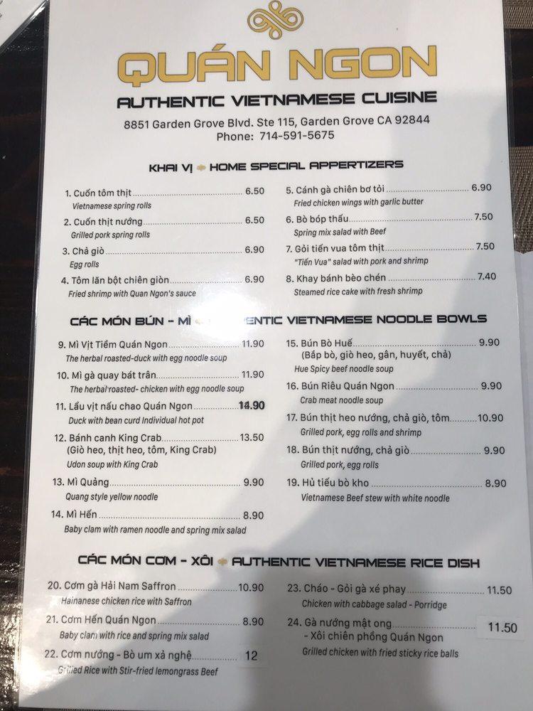 Menu at Quán Ngon restaurant, Garden Grove