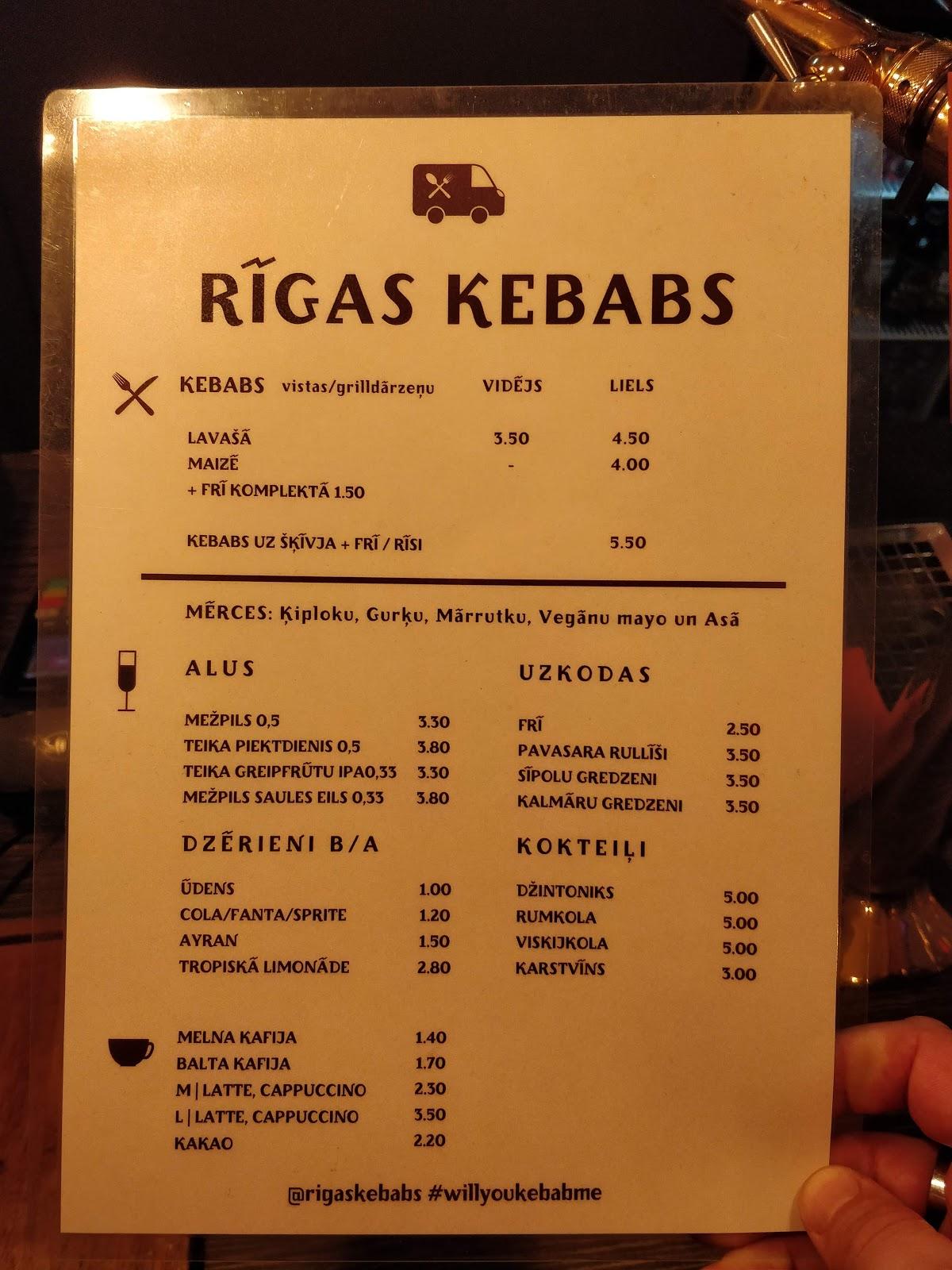 Menu at Rīgas Kebabs Avotu restaurant, Riga