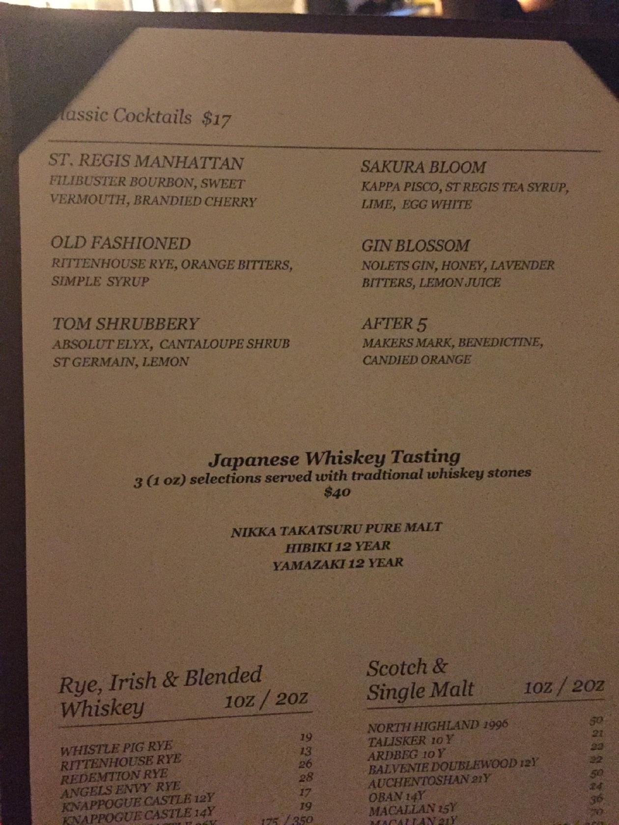 Menu at St. Regis Bar, Washington