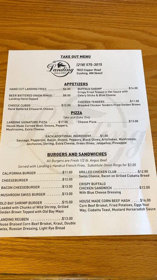 Menu at The Landing at Lake Alexander restaurant, USA, Copper Rd