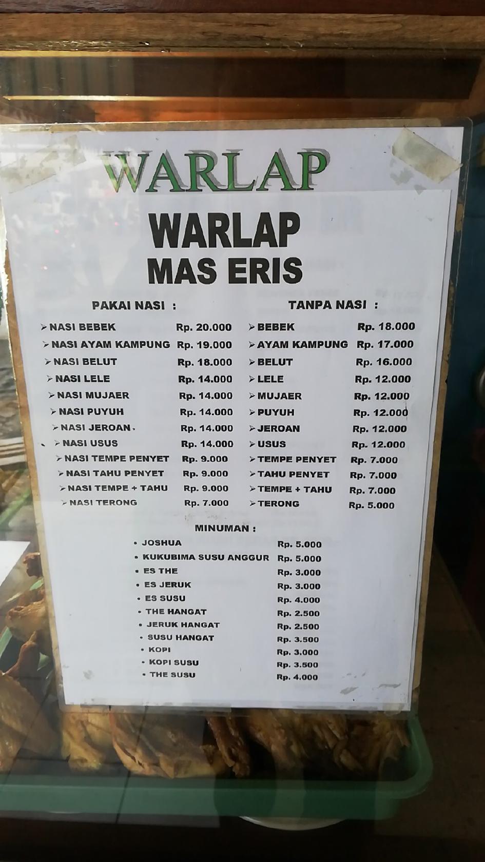 Menu at Warung Lalapan Mas Eris restaurant, Malang
