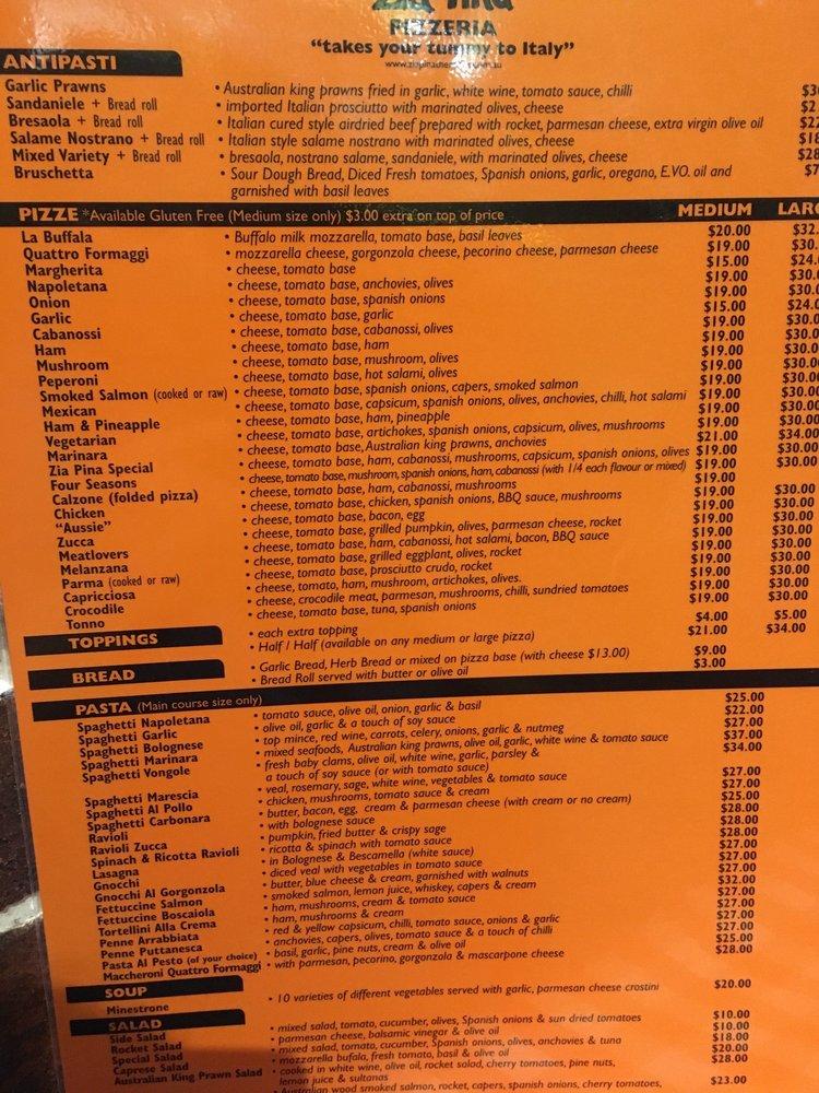 Menu at Zia Pina Pizzeria Restaurant, The Rocks