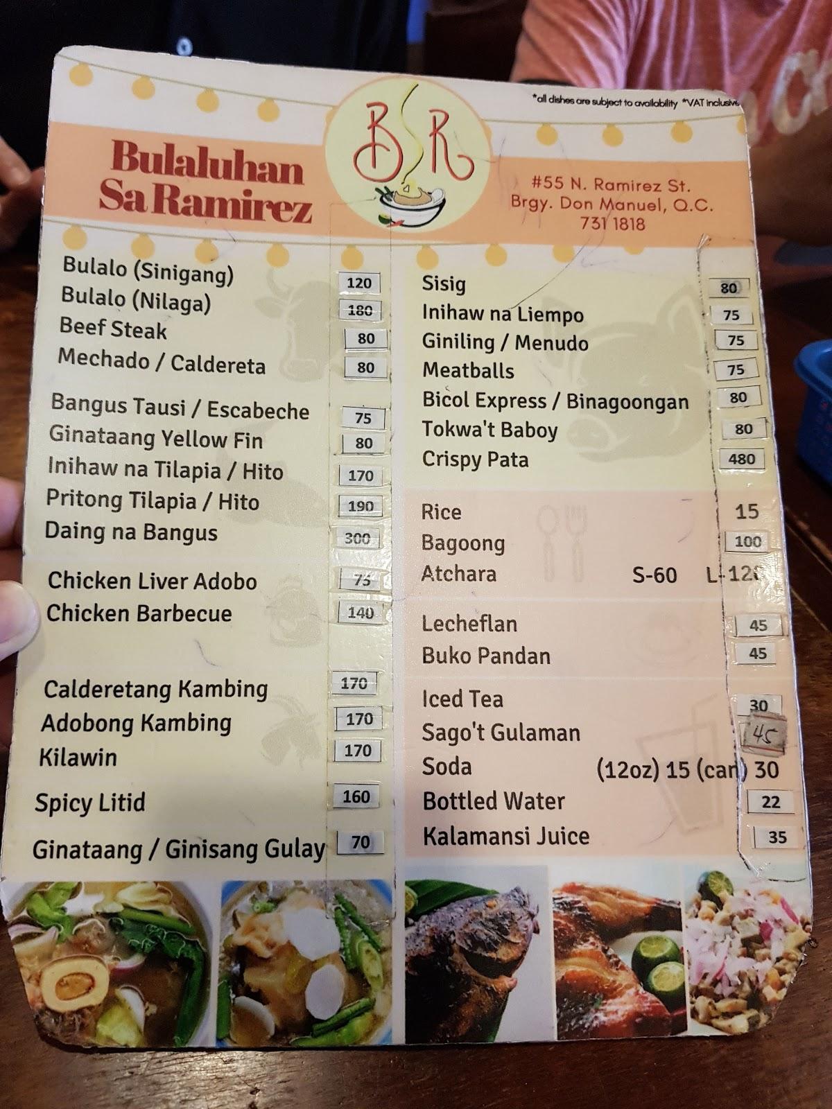Menu at Bulalohan sa Ramirez restaurant, Quezon City
