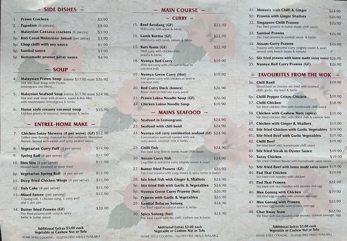 Menu at BungaRaya Satay House Malaysian Restaurant, Merimbula