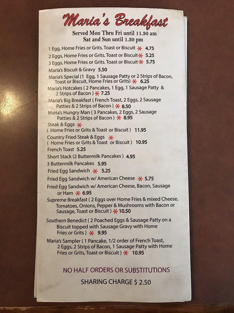 Menu at Maria's Cafe, Stuart, 10 SW Osceola St