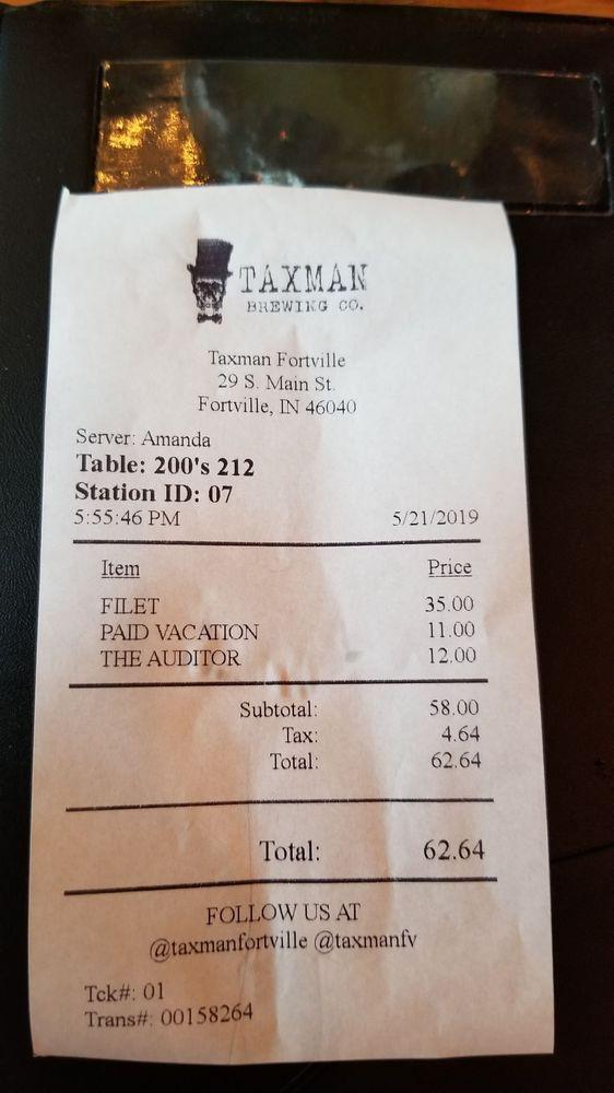 Menu at Taxman Fortville restaurant, Fortville