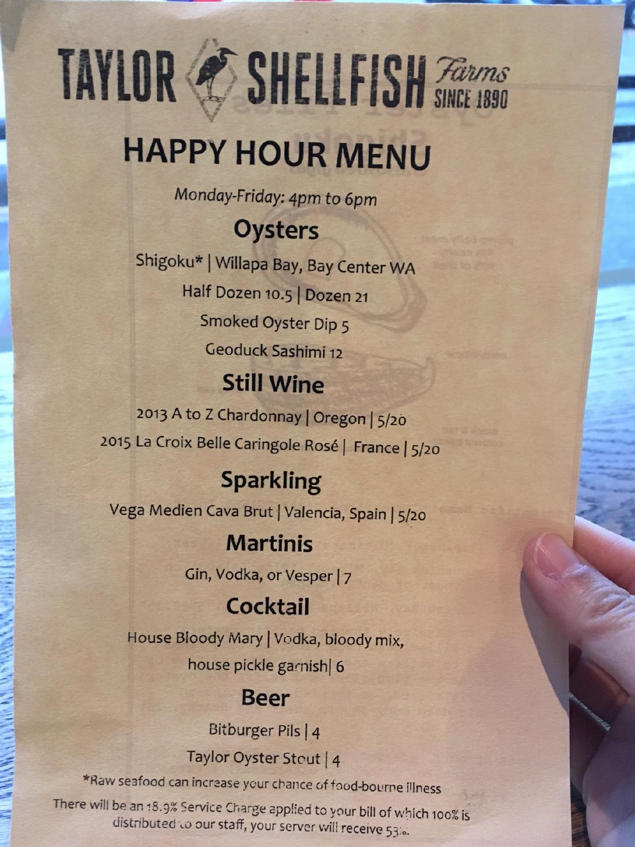 Menu at Taylor Shellfish Oyster Bar, Seattle, 410 Occidental Ave S