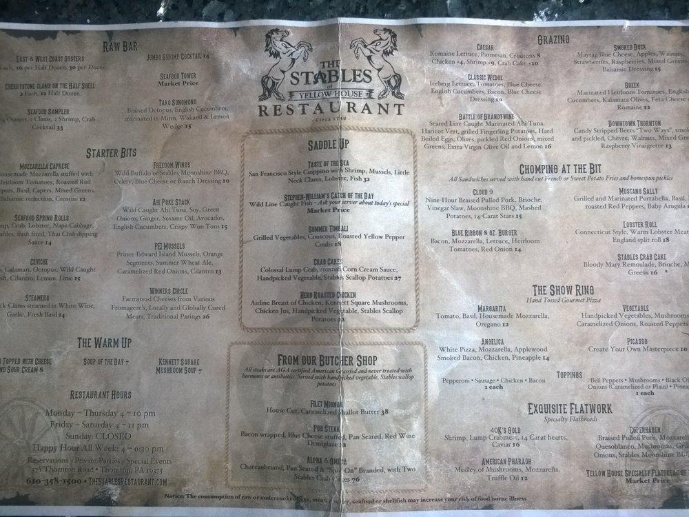 Menu at The Stables of Yellow House restaurant, Glen Mills