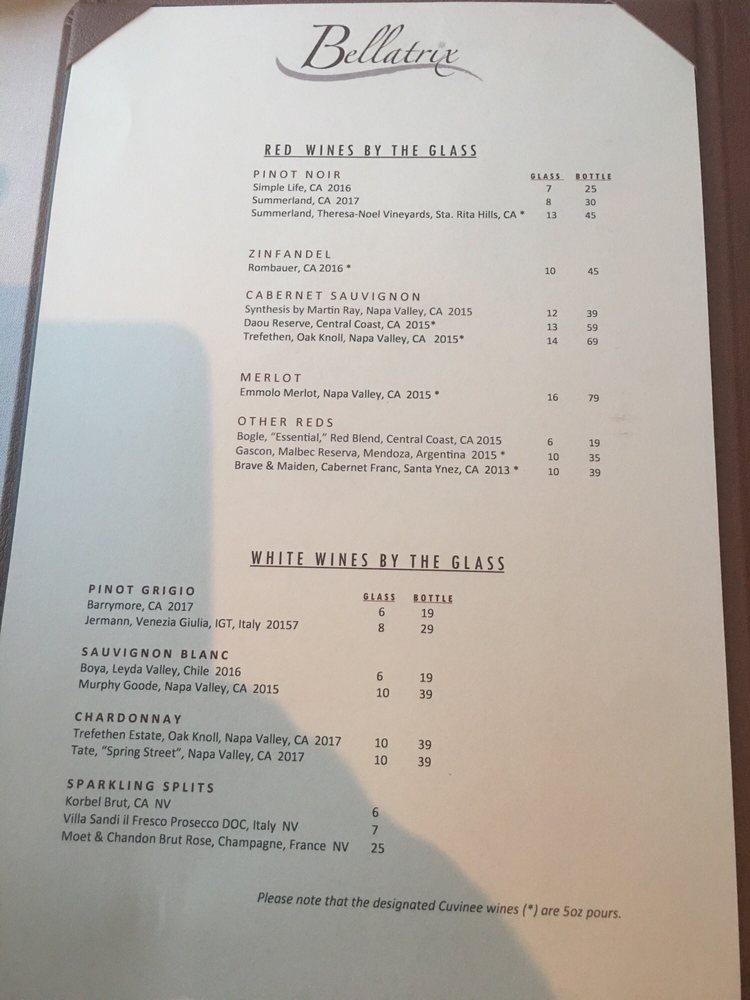 Menu at Bellatrix restaurant, Palm Desert