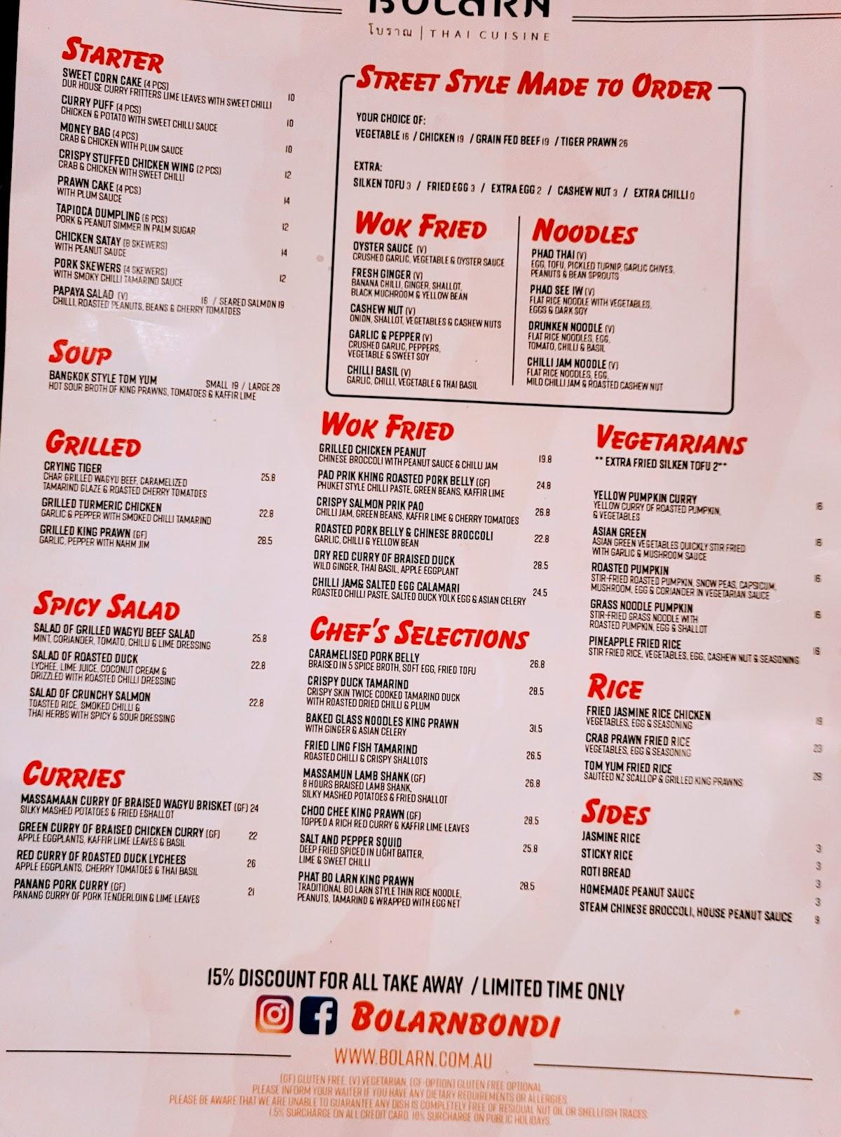 Menu at Bo Larn restaurant, Bondi Junction