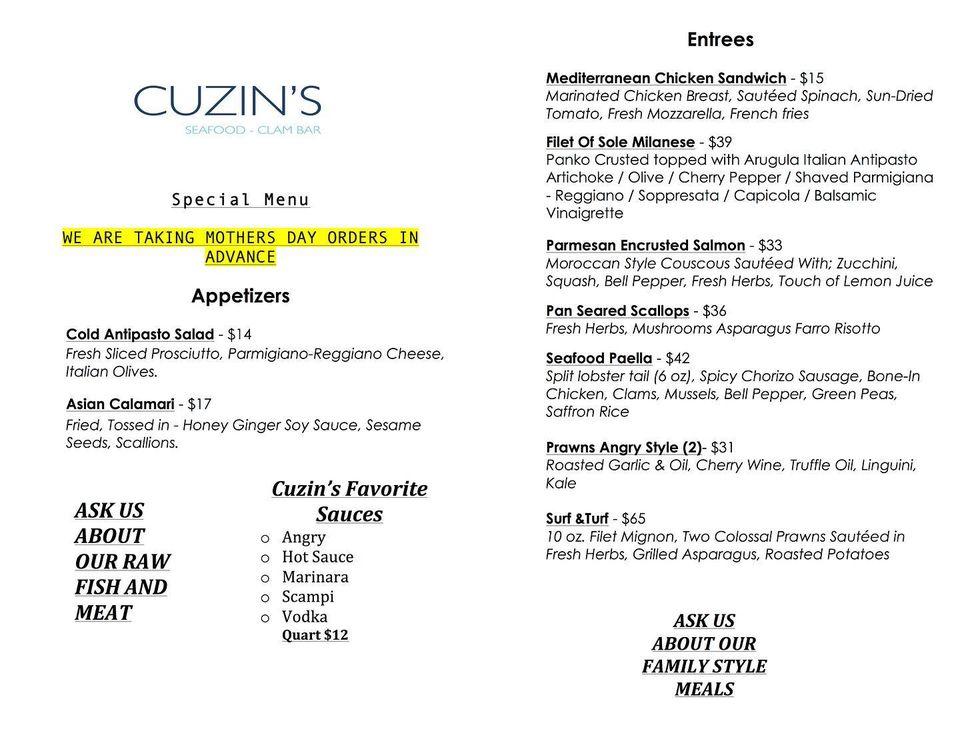 Menu at Cuzin's Seafood & Clam Bar, Marlboro Township