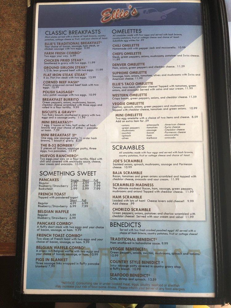 Menu at Ellie's At The Airport restaurant, Arlington