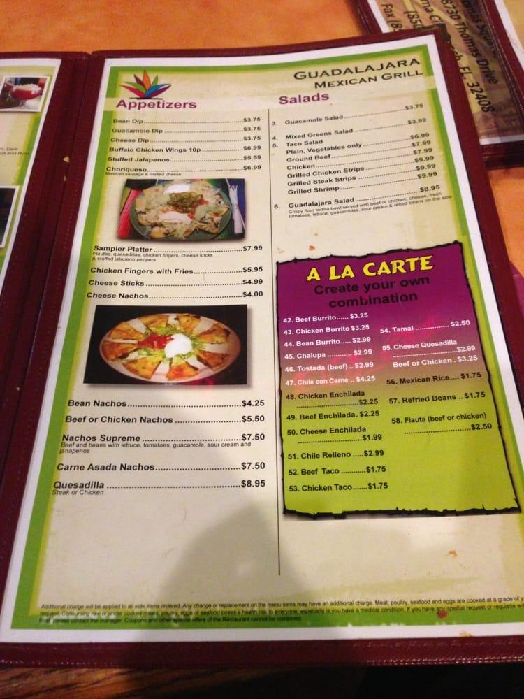 Menu at Guadalajara Mexican grill restaurant, Panama City, Thomas Dr