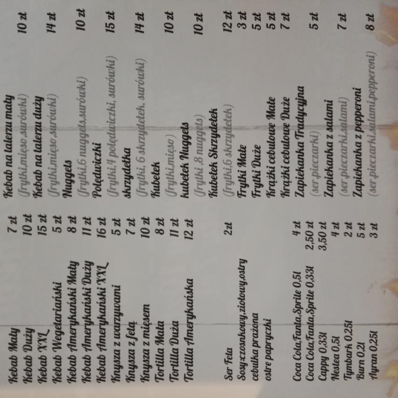 Menu at Hot Chilli Kebab restaurant, Nowa Sol