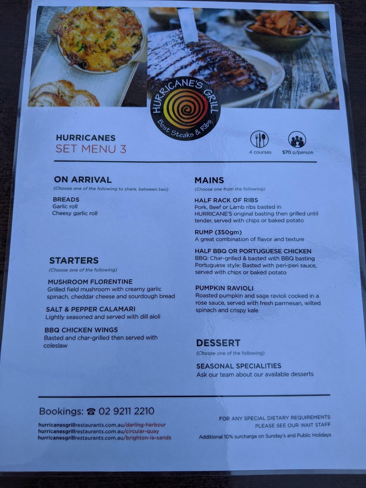 Menu at Hurricane's Grill Darling Harbour steakhouse, Sydney, 1 ...