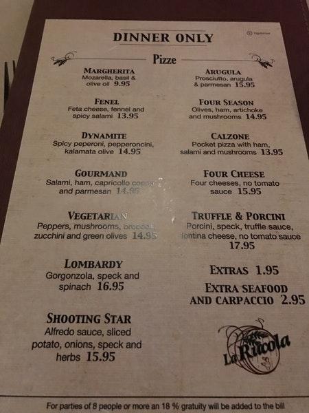 Carta del pub y bar La Rucola Ristorante, Tecumseh