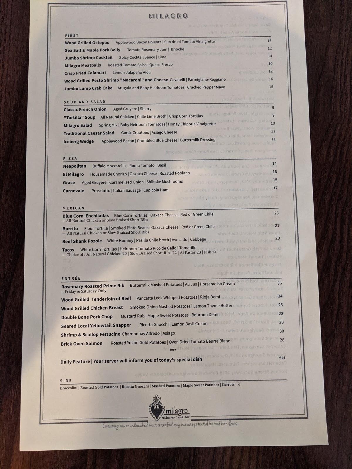 Menu at Milagro Restaurant and Bar, Key West