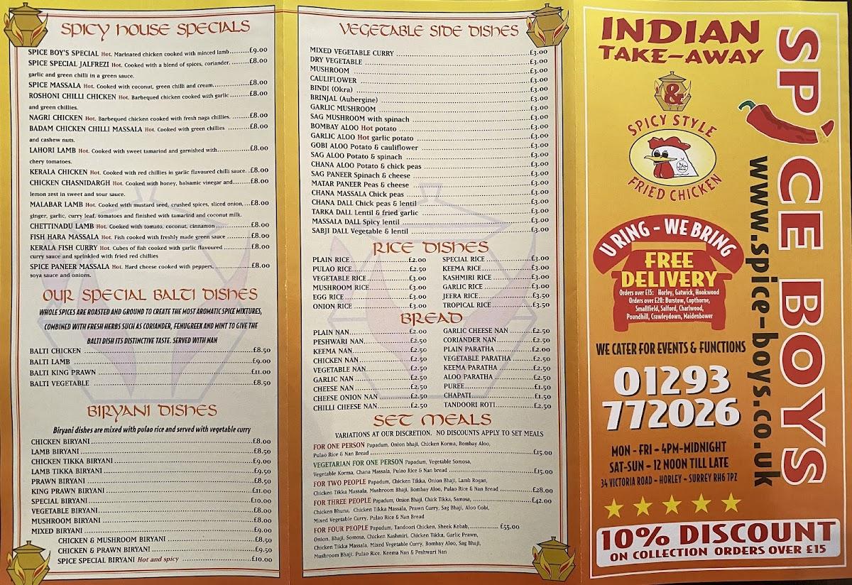 Menu at Spice Boys Indian Takeaway fast food, Horley