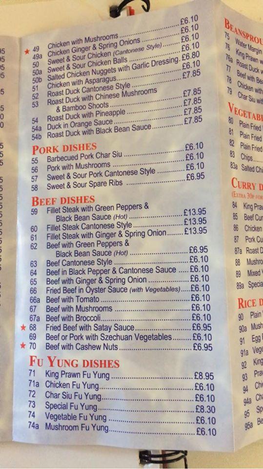 Menu at The Water Margin restaurant, Witney