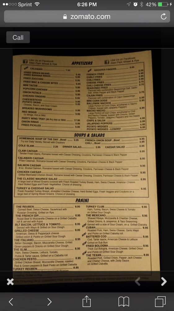 Menu at Wheat & Rye Steak House pub & bar, Allen Park, Allen Rd