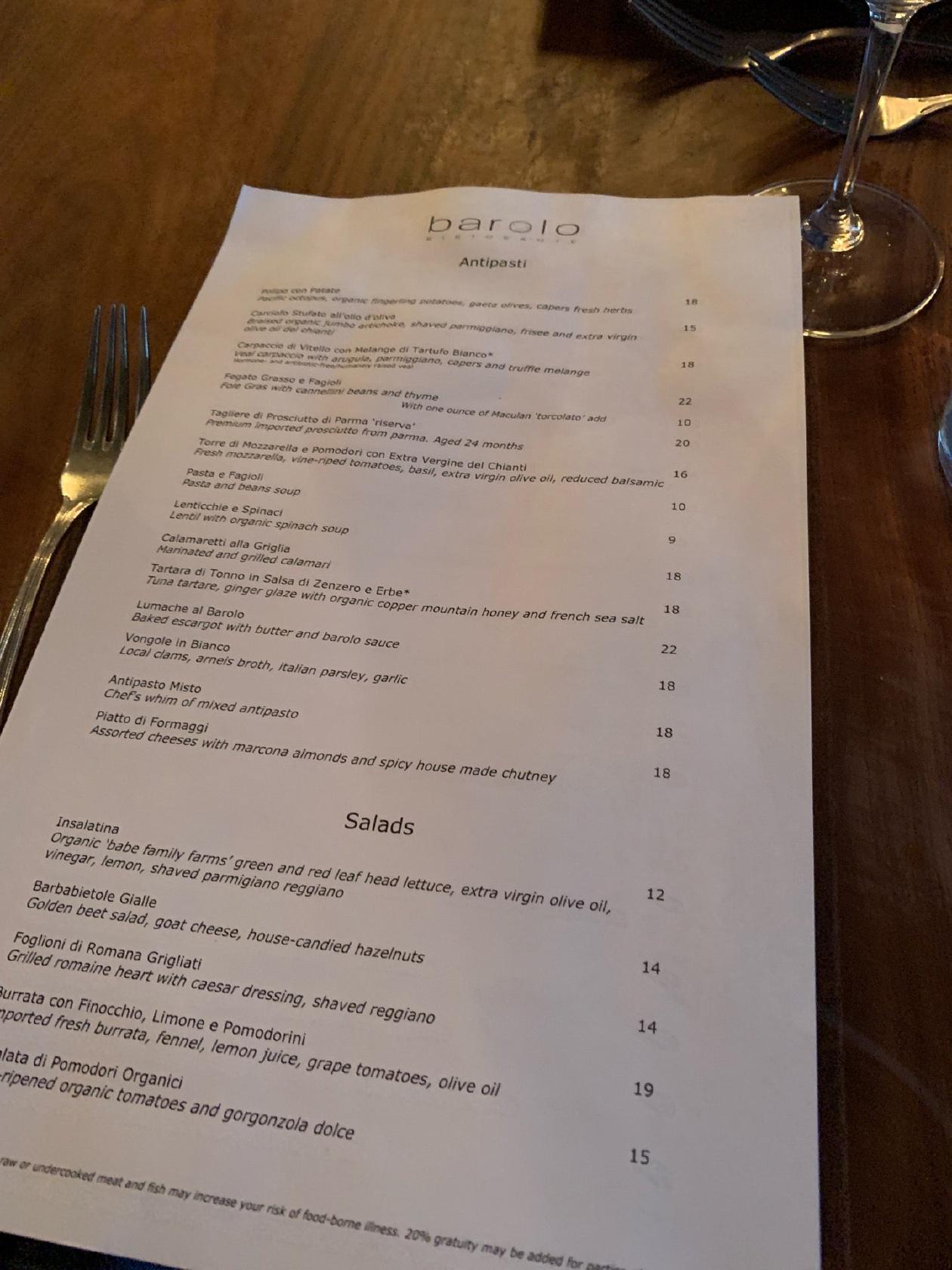 Menu at Barolo Ristorante, Seattle