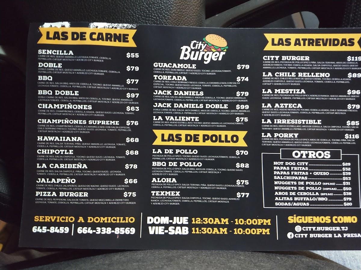 Carta del restaurante City Burger (La presa), Tijuana, Av. De Las ...