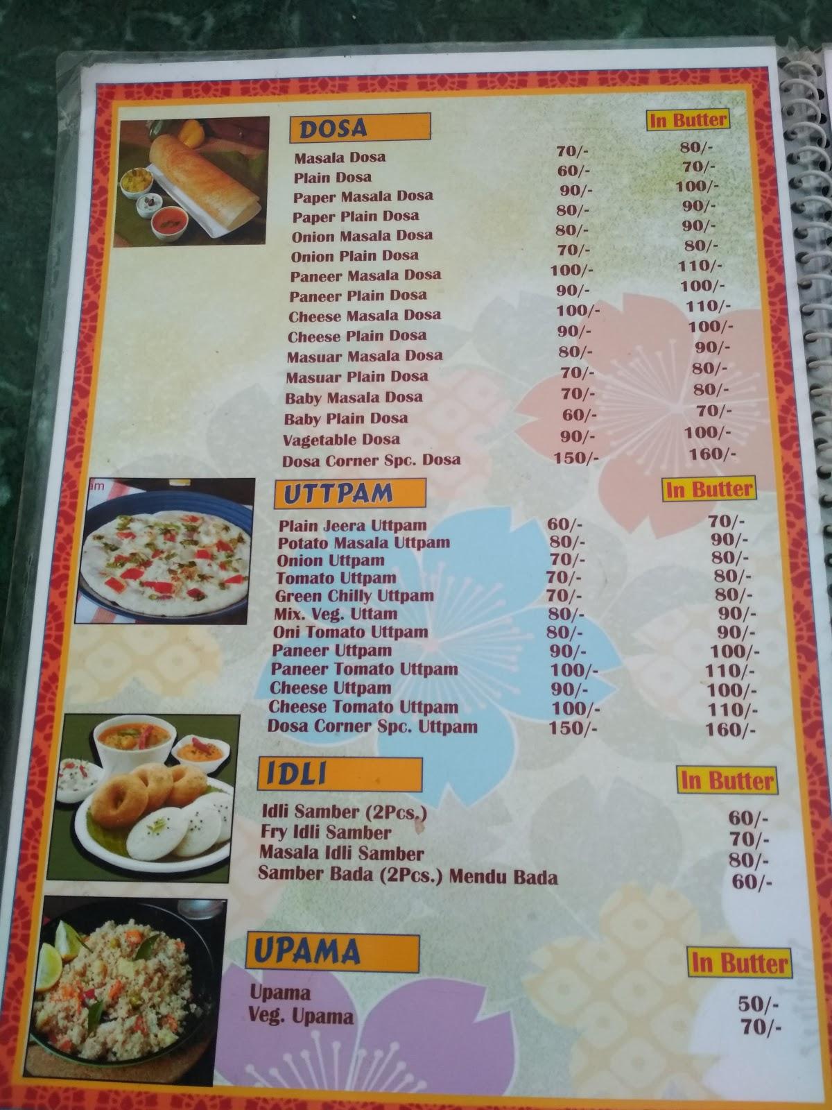 Menu at Dosa Corner, Sawai Madhopur
