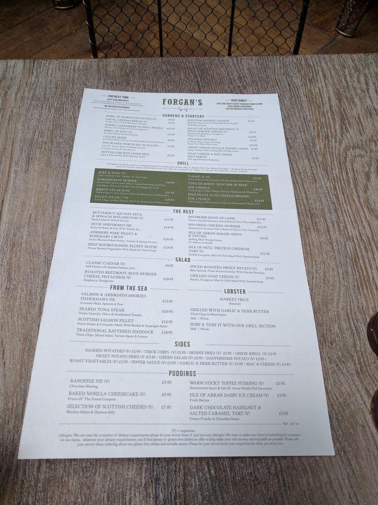 Menu at Forgan's St Andrews restaurant, Saint Andrews