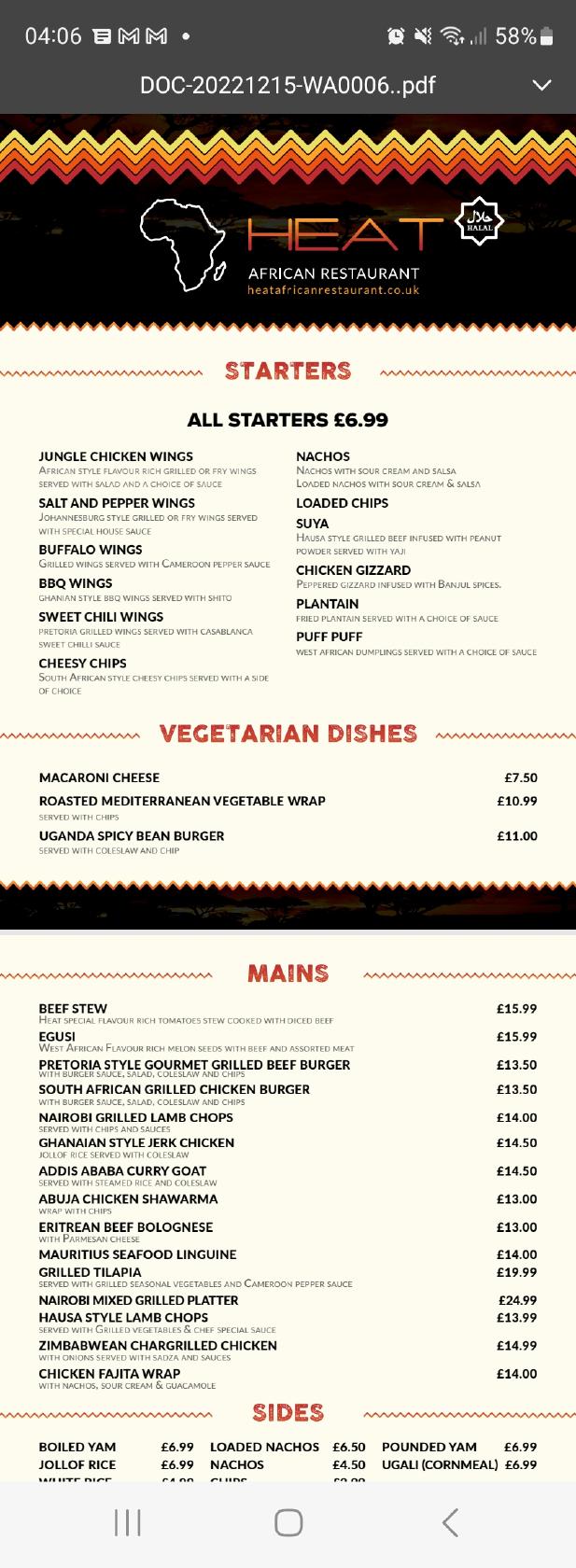 Menu at Heat African Restaurant, Oxford