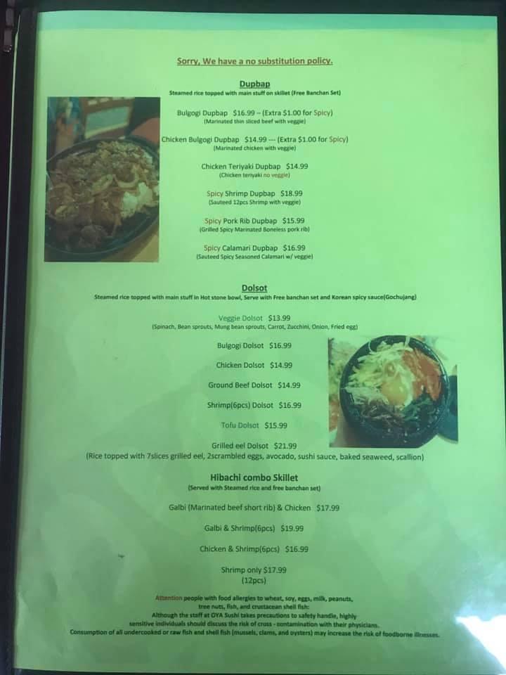 Menu at Oya Sushi and Korean Grill BBQ, Pittsburgh