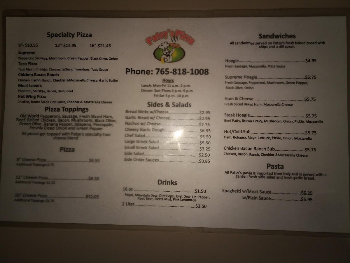 Menu at Patsy's Pizza pizzeria, Morristown