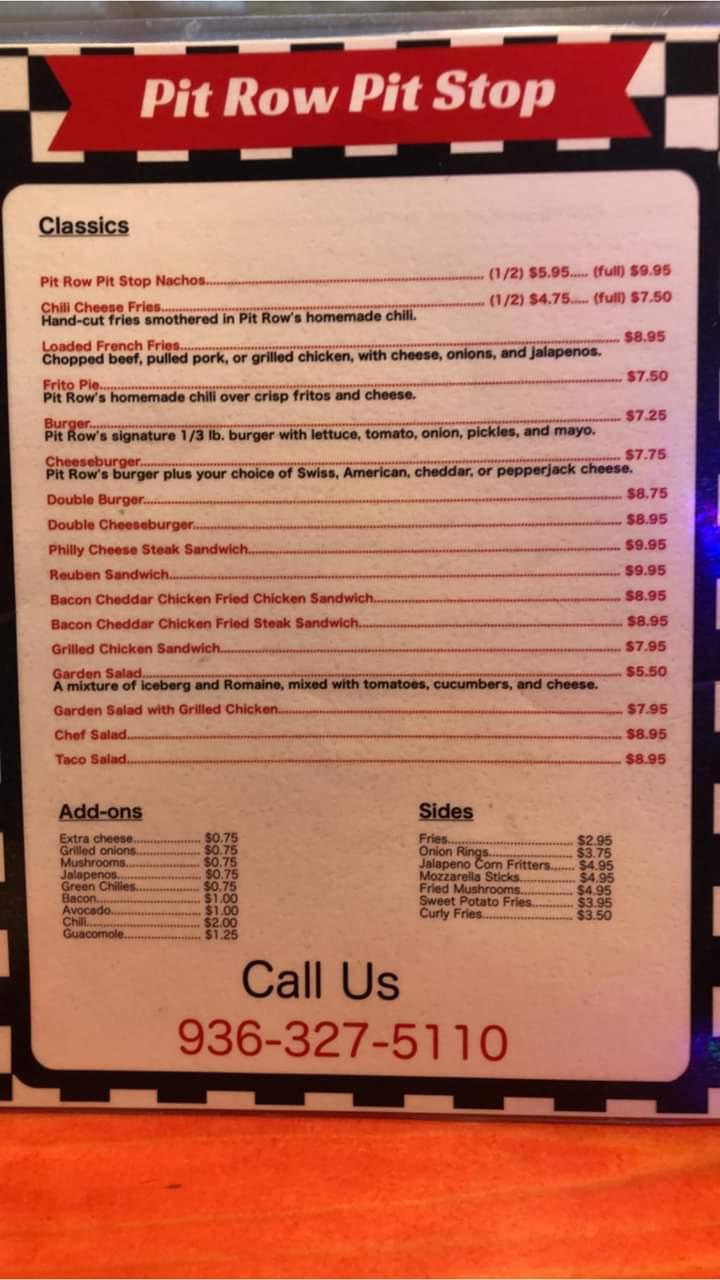 Menu at Pit Row Pit Stop BBQ, Livingston