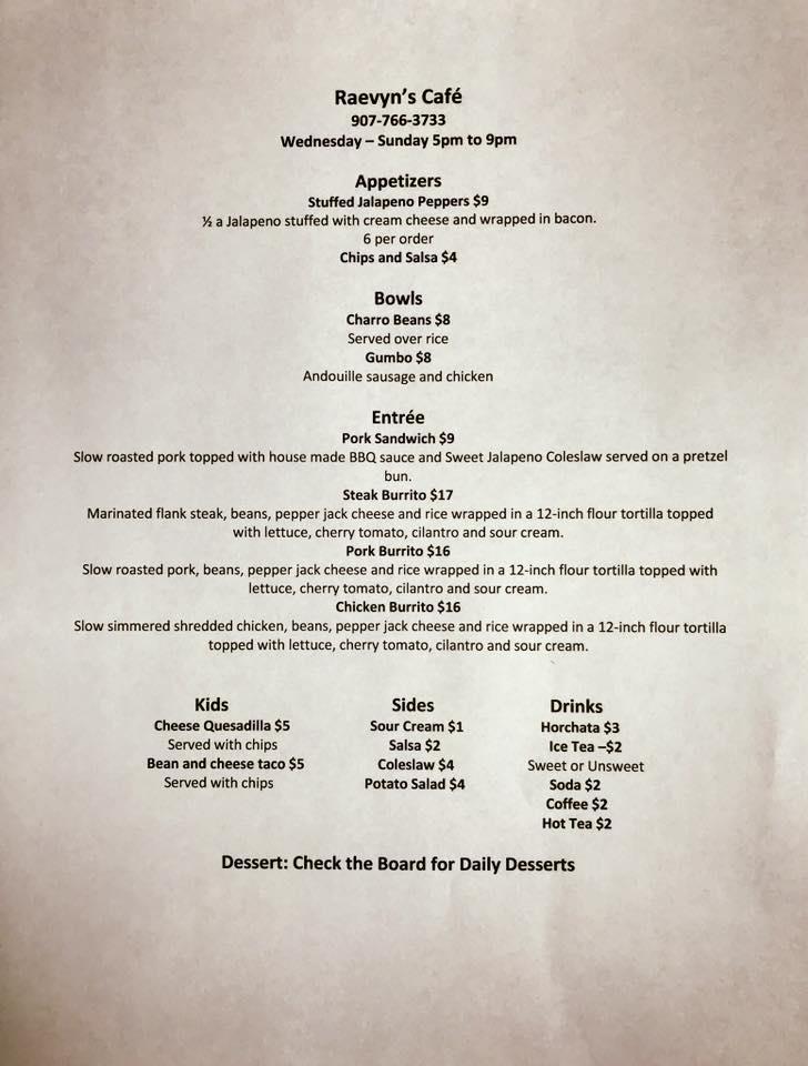 Menu at Raevyn’s Cafe, Haines