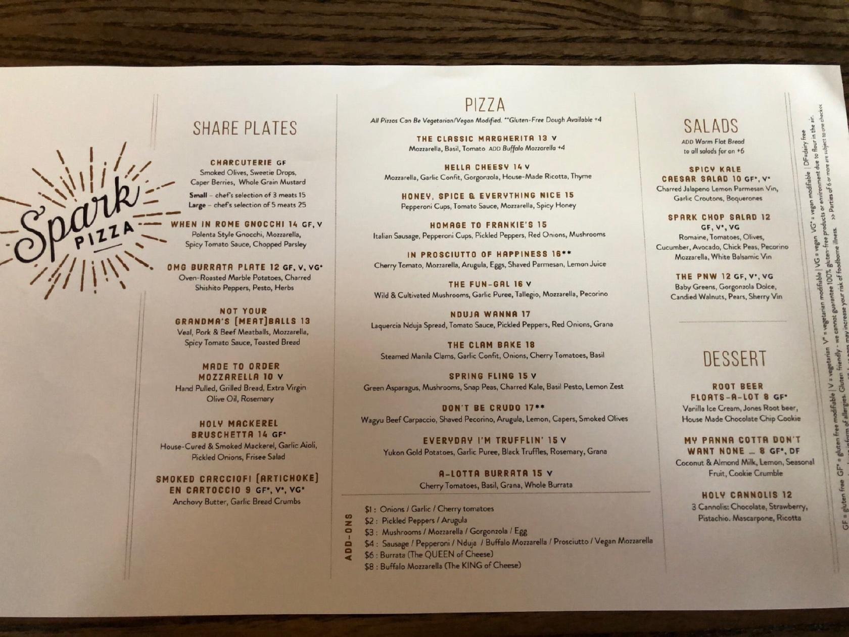 Menu at Spark Pizza pub & bar, Redmond