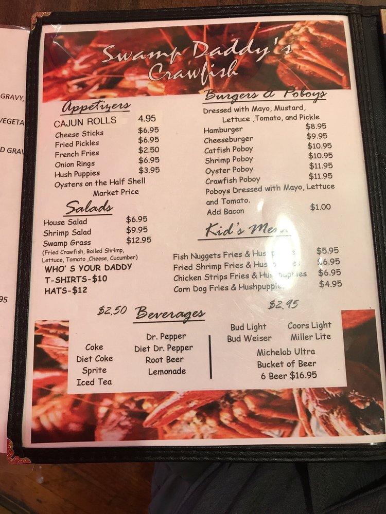 Menu at Swamp Daddy's restaurant, Alexandria, 55 MacArthur Dr
