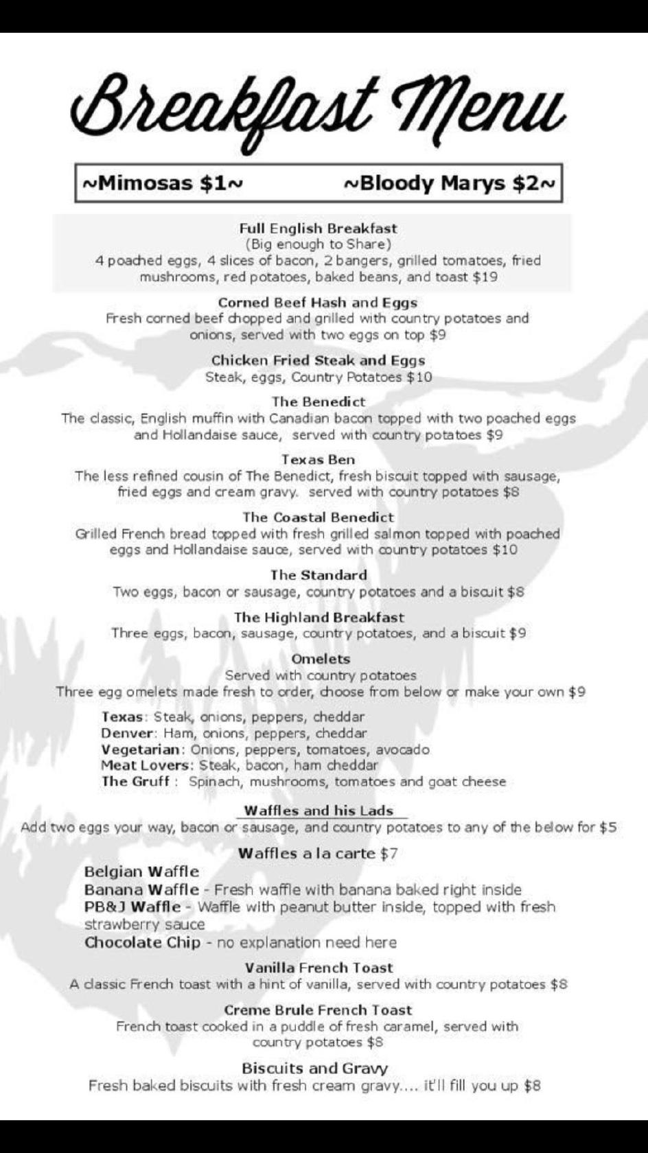 Menu at The Highlander Public House, Wichita Falls