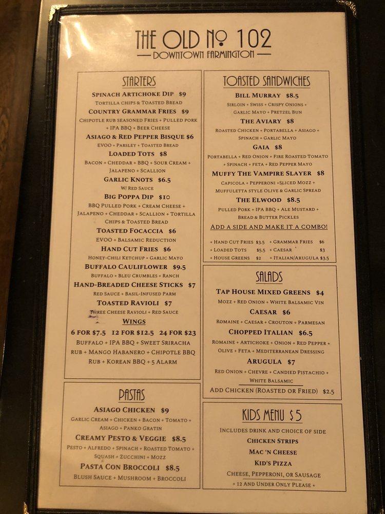 Menu at The Old no. 102 Tap House pub & bar, Farmington