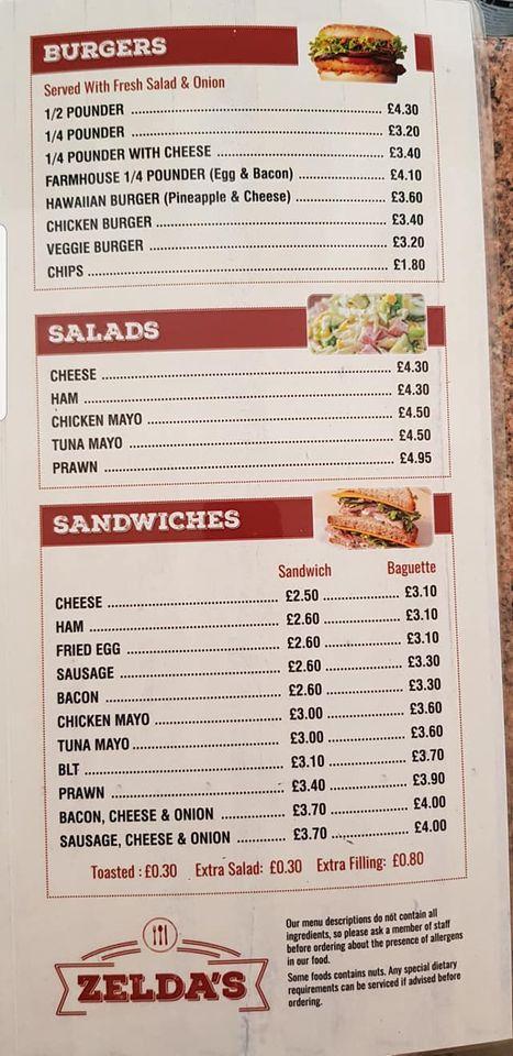 Menu at Zelda's Cafe, Snodland