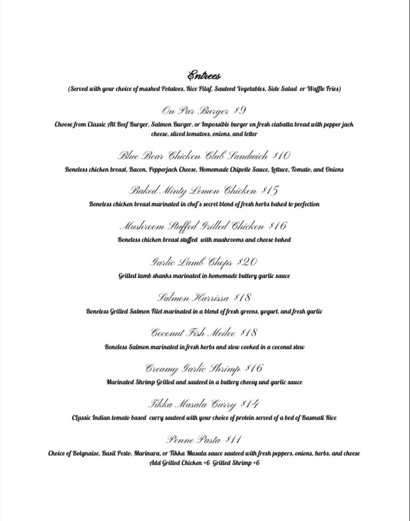 Menu at Blue Bear Golf Club, Shelbyville