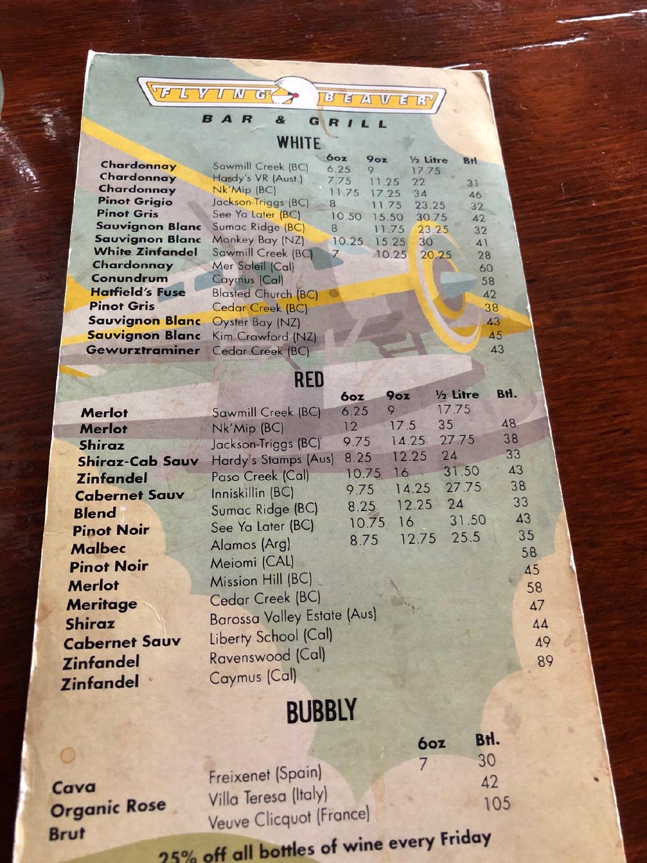 Menu at Flying Beaver Bar & Grill, Richmond