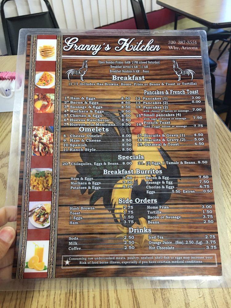 Menu at Granny's Kitchen restaurant, Why, 150 E Longacres Rd