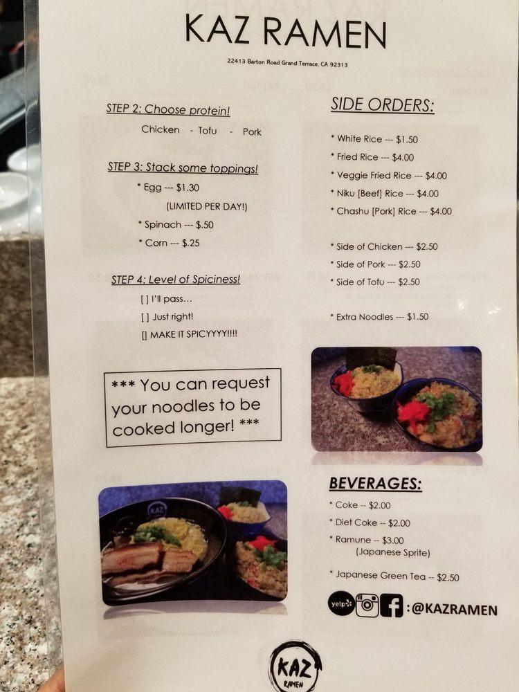 Menu at Kaz Ramen restaurant, Grand Terrace