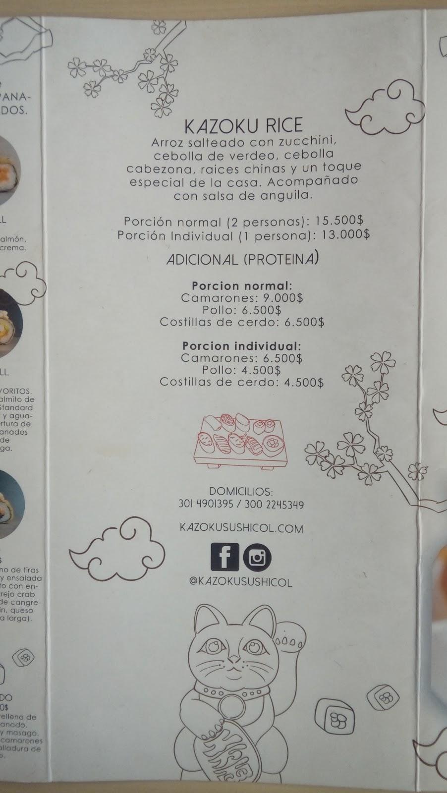 Menu at Kazoku Rice restaurant, Chía